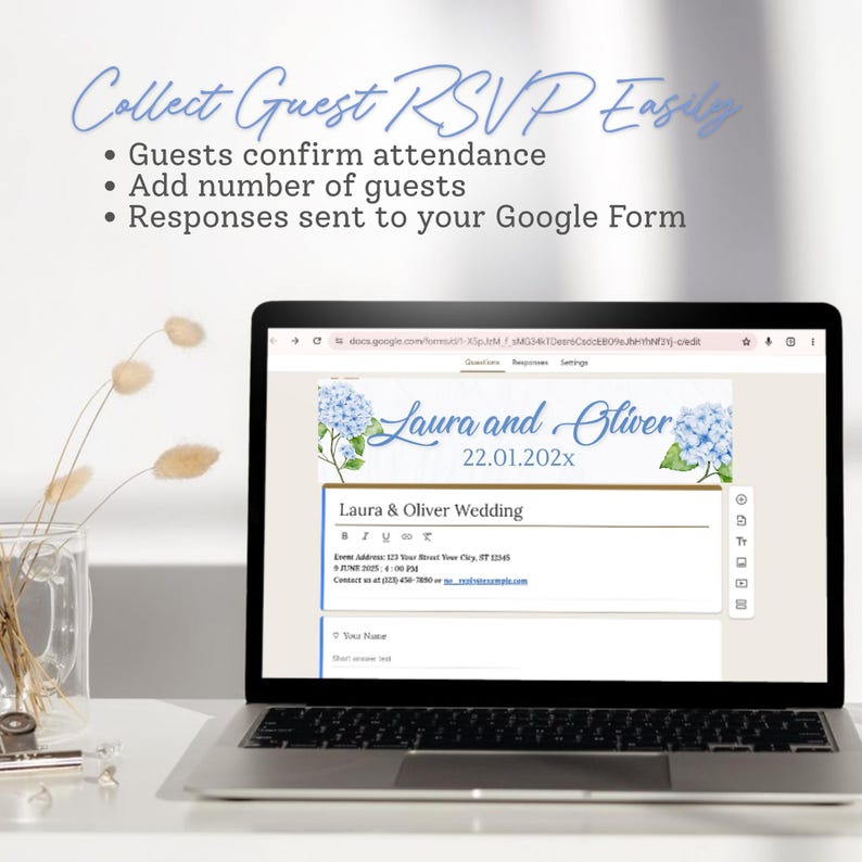 Dusty Blue Wedding Website Template Canva, Hydrangea Vintage Camera ...