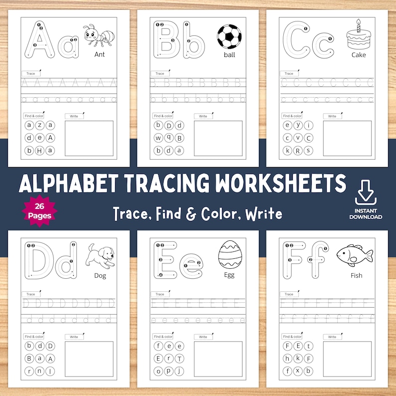 Alphabet Tracing Worksheets A-Z, Handwriting Practice, Find the Letter ...