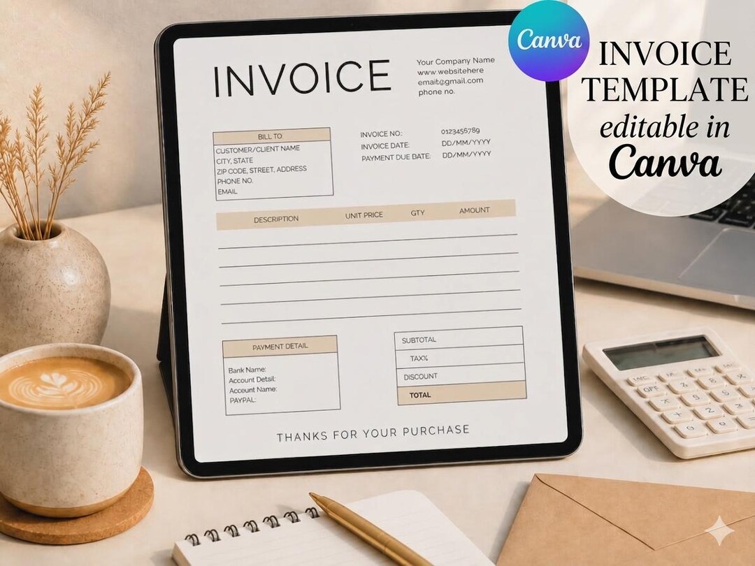 Editable Canva Invoice Template | Modern Small Business Billing Form ...