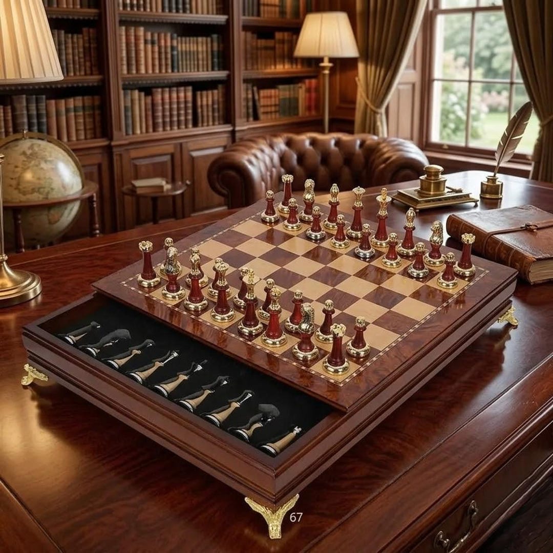 Luxury Wooden Chess Set, Handcrafted Board, Metallic Pieces, Storage ...