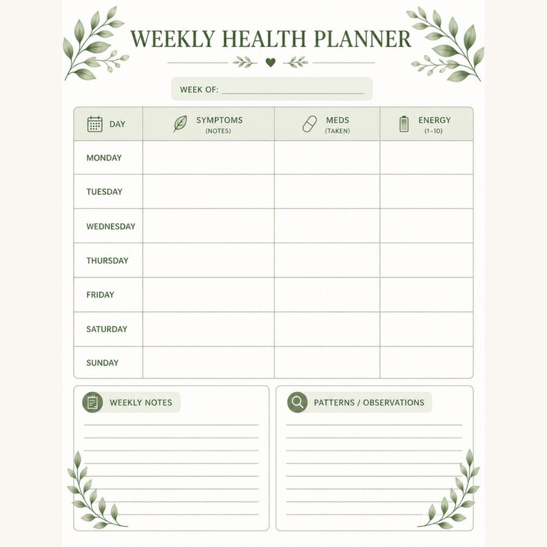 Weekly Health Planner Printable for Symptom and Wellness Tracking - Etsy