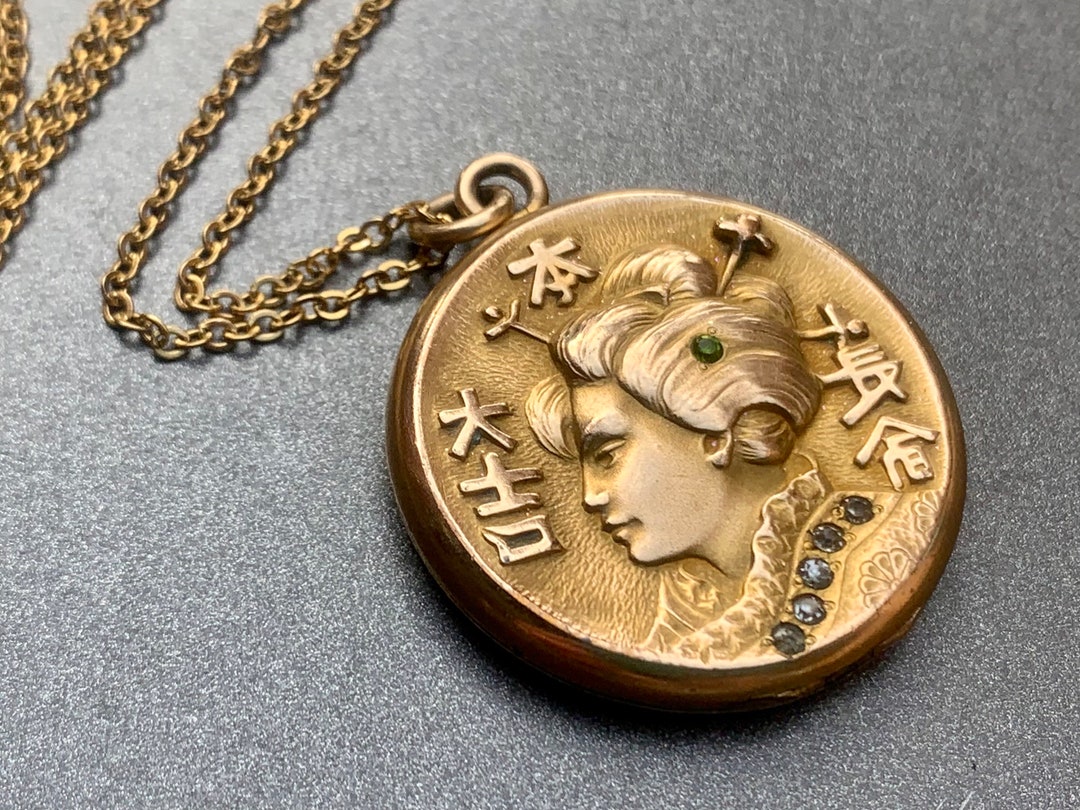 Antique Victorian Gold Locket Japanese Woman Luck Life Emerald - Etsy