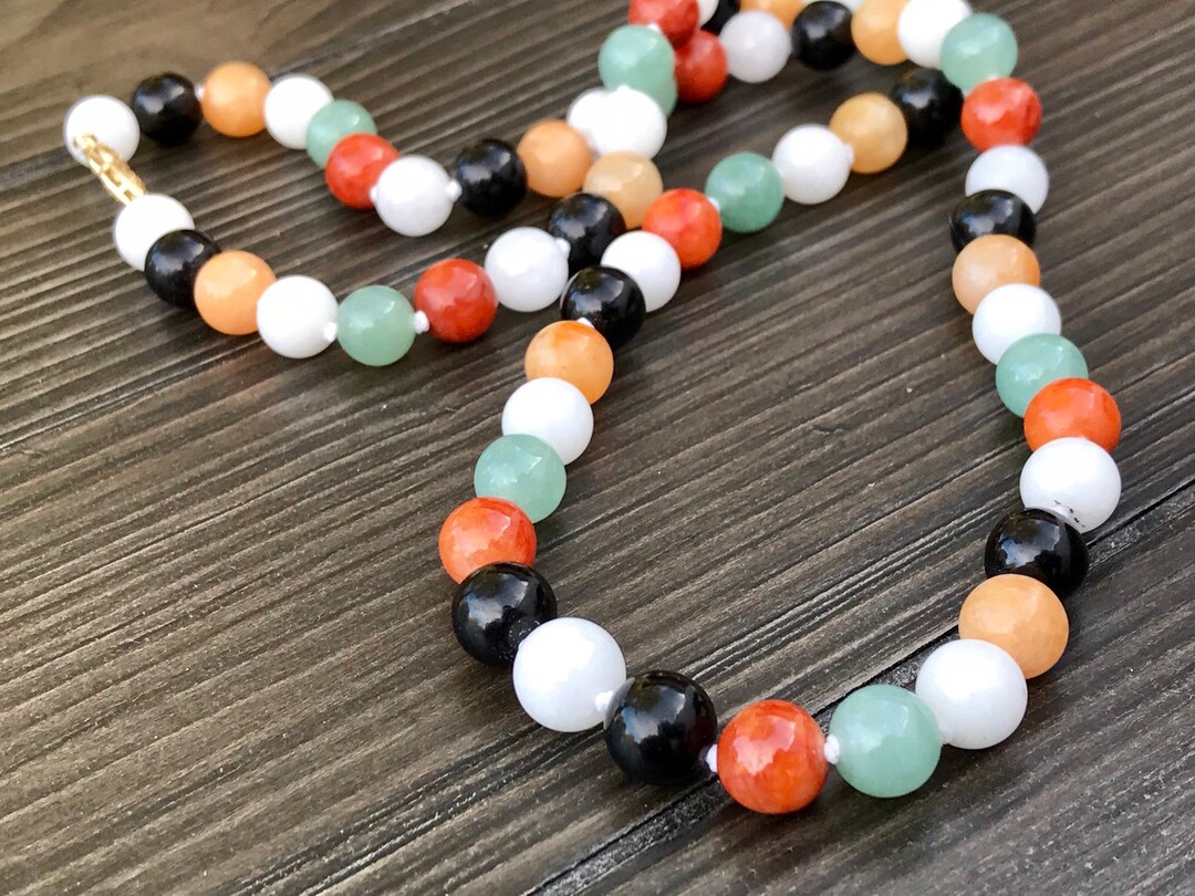 Vintage 14K Jade Bead Necklace Multicolor Jadeite Beads in White Orange ...