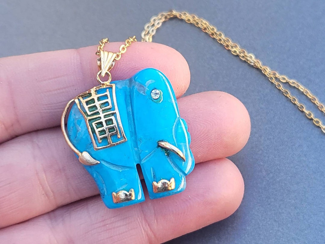 Vintage Carved Turquoise Elephant Gold Pendant Necklace Gift for Her ...