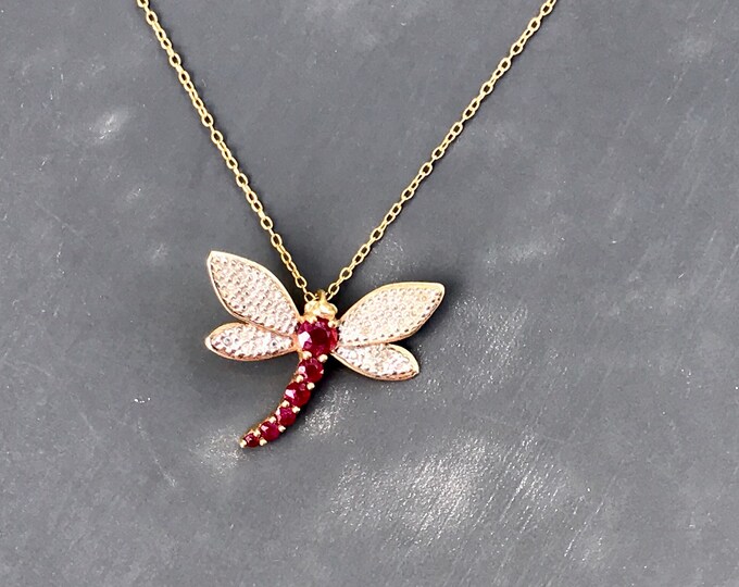 Vintage 10K Gold Dragonfly Necklace Ruby and Diamond Pendant Necklace ...