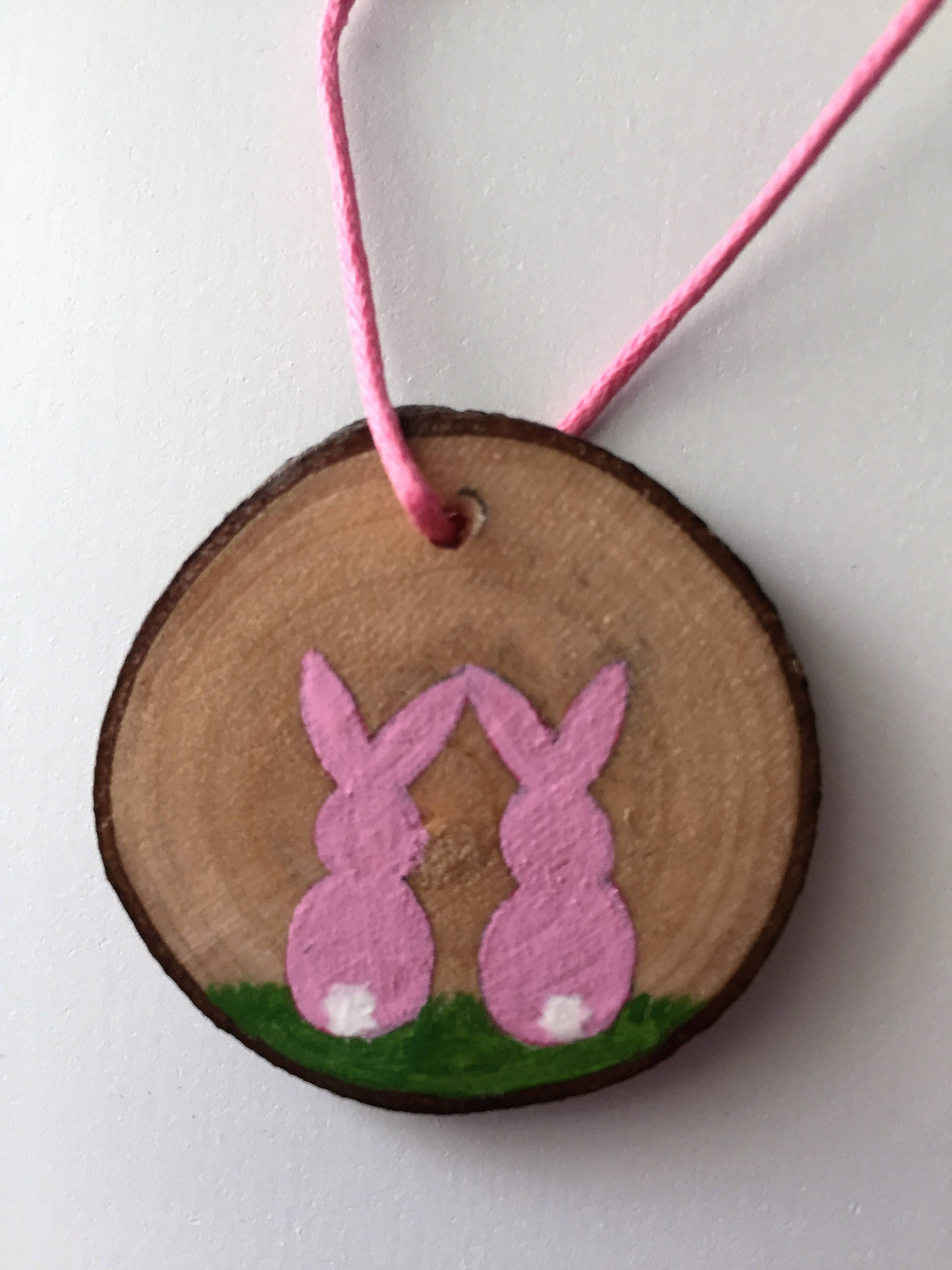Pink Bunnies Ornament Charm Recycled Wood Rabbit Ornament Bunny ...