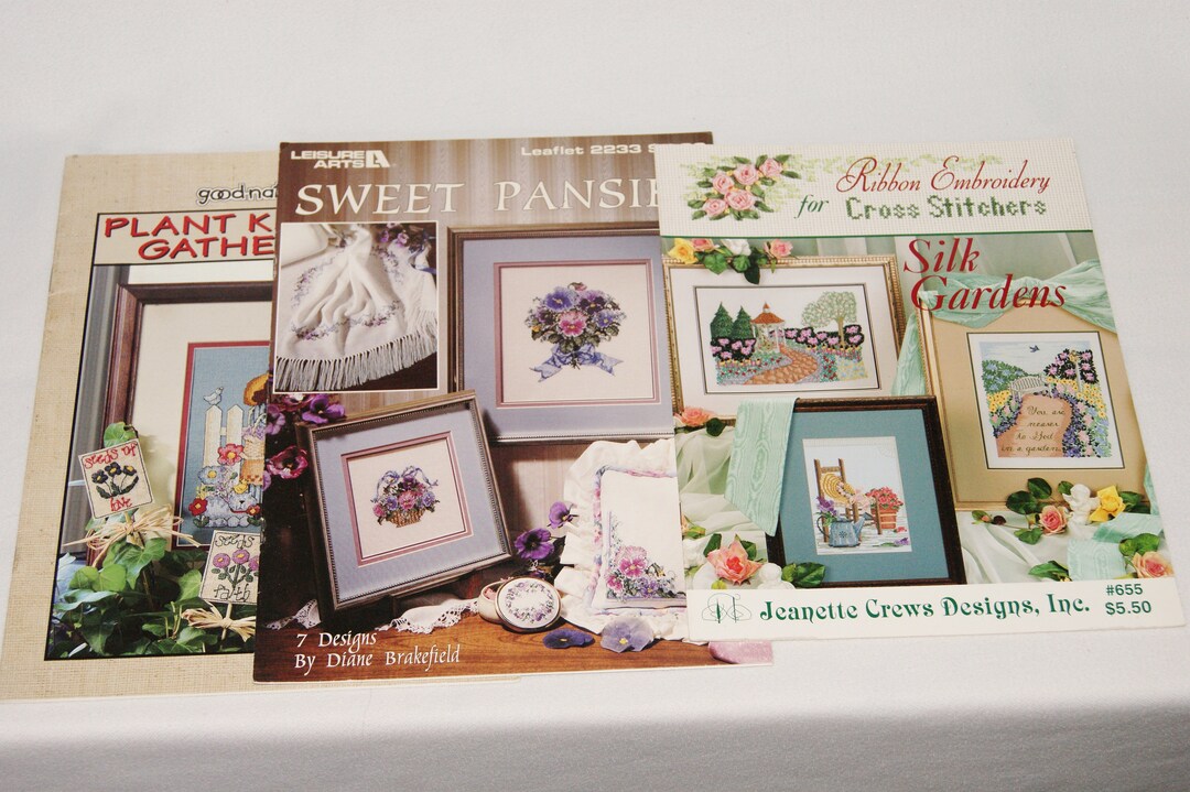 Lot of 3 Cross Stitch Pattern Books Pansies Ribbon Embroidery Plant ...