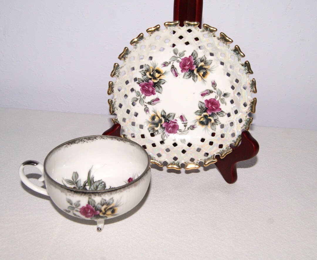 Three Leg Cup With Open Lattice Saucer - Rose Floral Design - Etsy