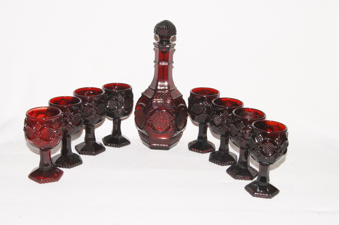 Cape Cod 1876 Ruby Red Wine Set Decanter With Stopper 8 Wine Goblets ...
