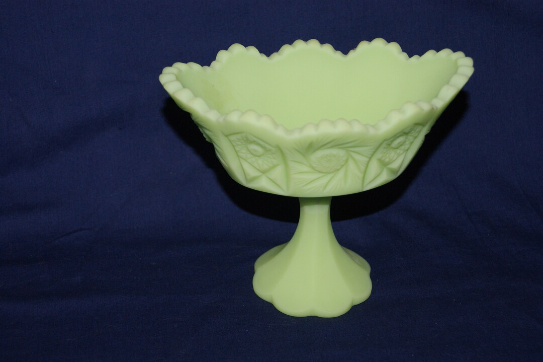 Fenton Green Custard Satin Uranium Glass Oval Pedestal Dish Pinwheel ...