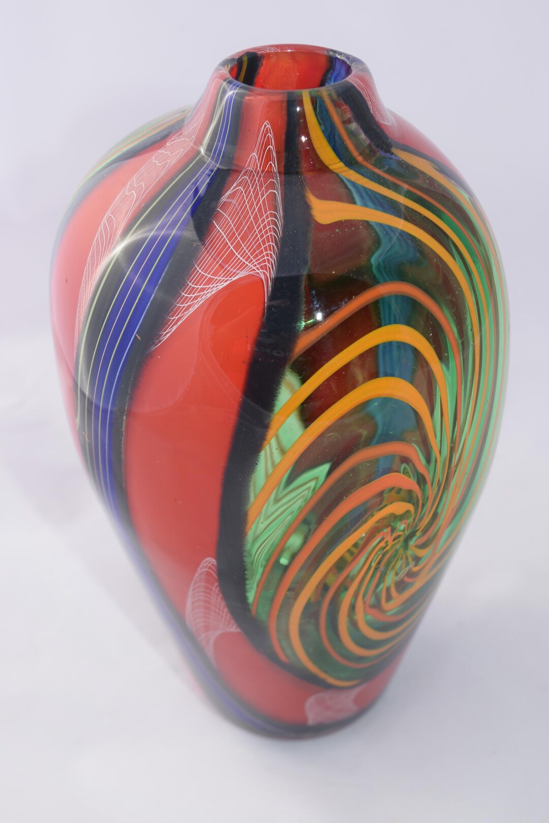 Handblown Glass Montage Vase of Red/white, Striped Blue, and Striped ...