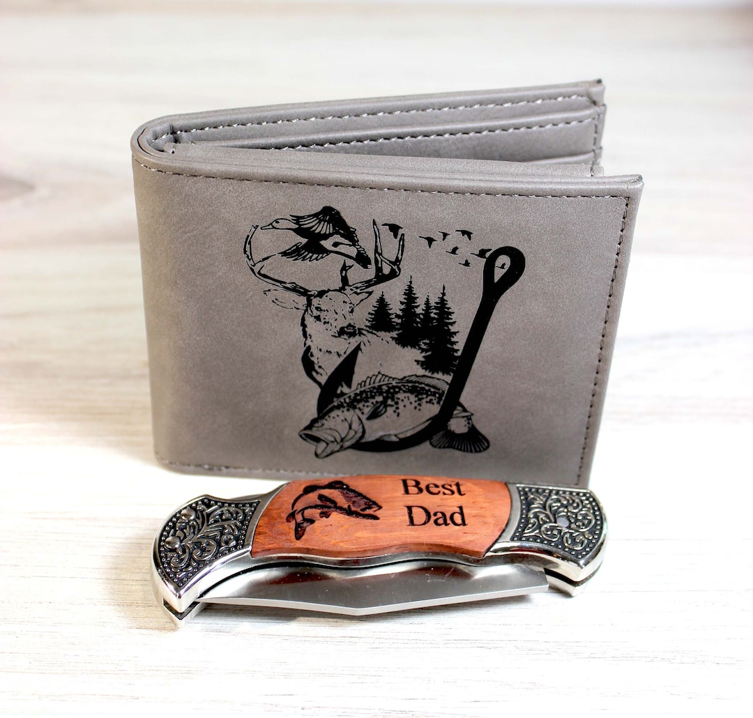 Men's Leather Bifold/trifold Hunting/fishing Wallet & Knife Gift Set ...