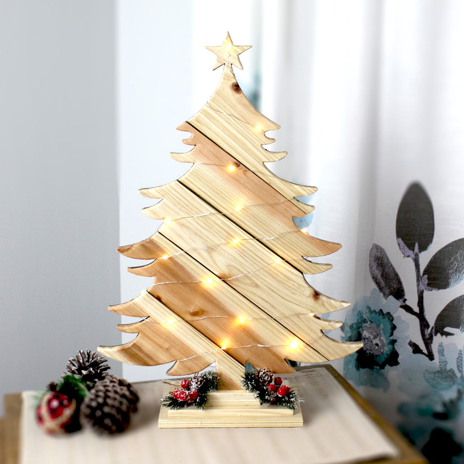 Rustic Natural Wood Christmas Tree With Fairy Lights, Farmhouse ...