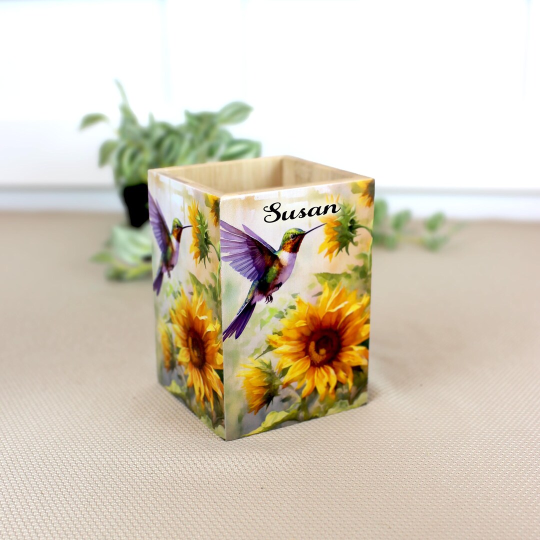 Sunflower and Purple Hummingbird Utensil Holder, Personalized Kitchen ...