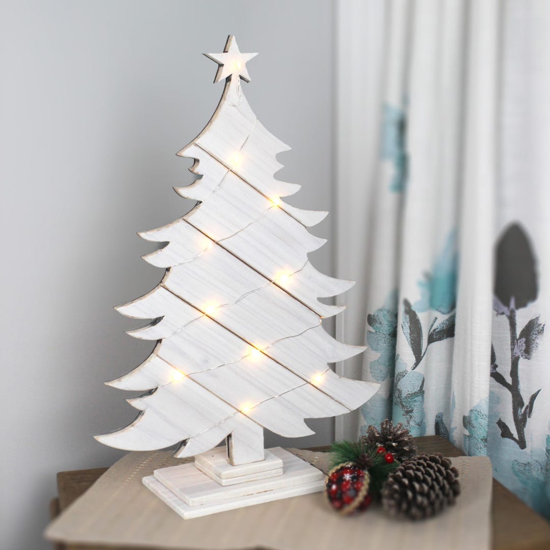 Rustic White Wood Christmas Tree With Fairy Lights, Farmhouse ...