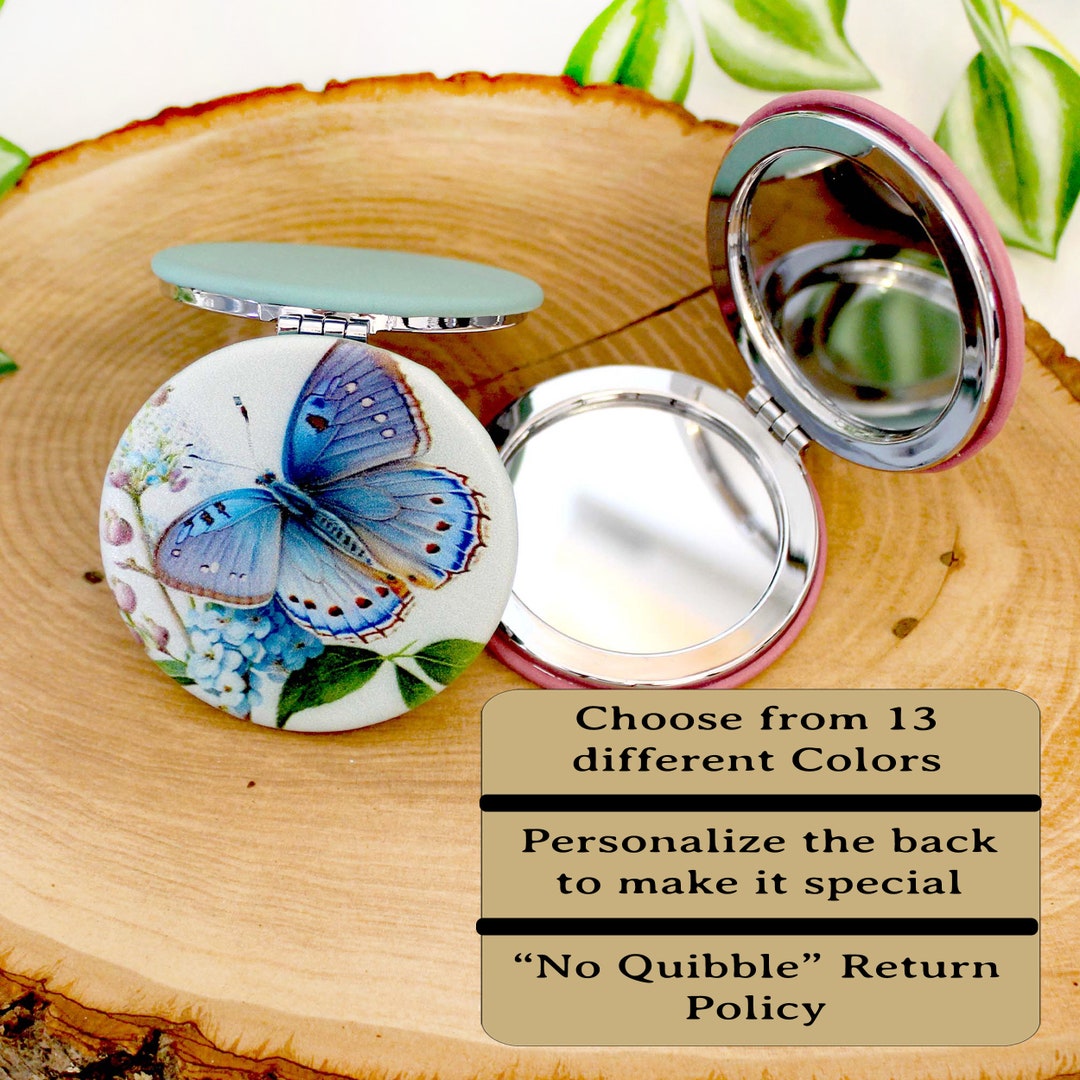 Blue Butterfly Leatherette Women's Compact Mirror, Custom Bridesmaid ...
