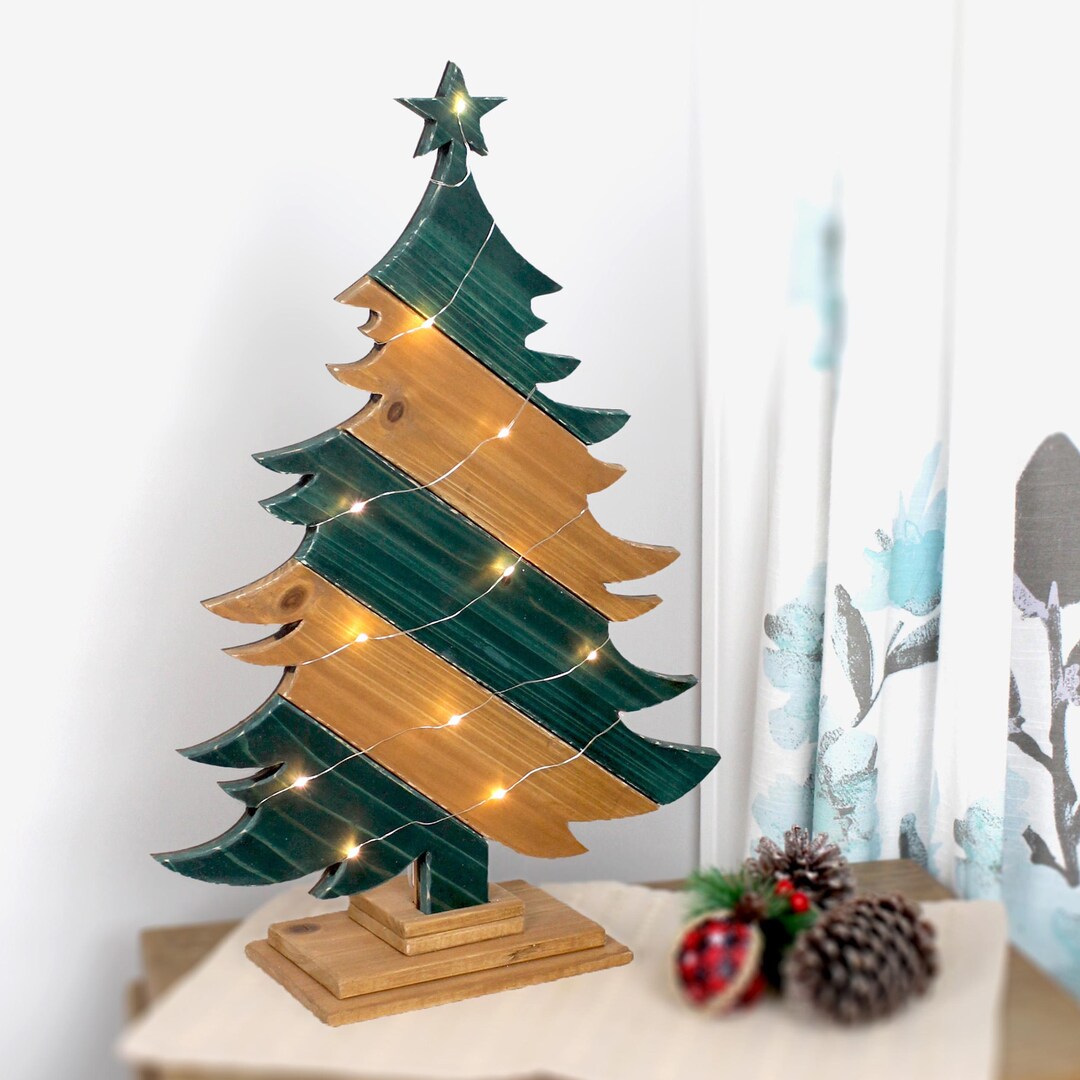 Rustic Green and Brown Wood Christmas Tree With Fairy Lights, Farmhouse ...