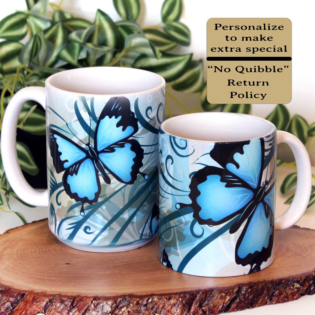 Artistic Blue Butterfly Coffee Mugs Come in 15 Oz or 11 Oz, Dishwasher ...