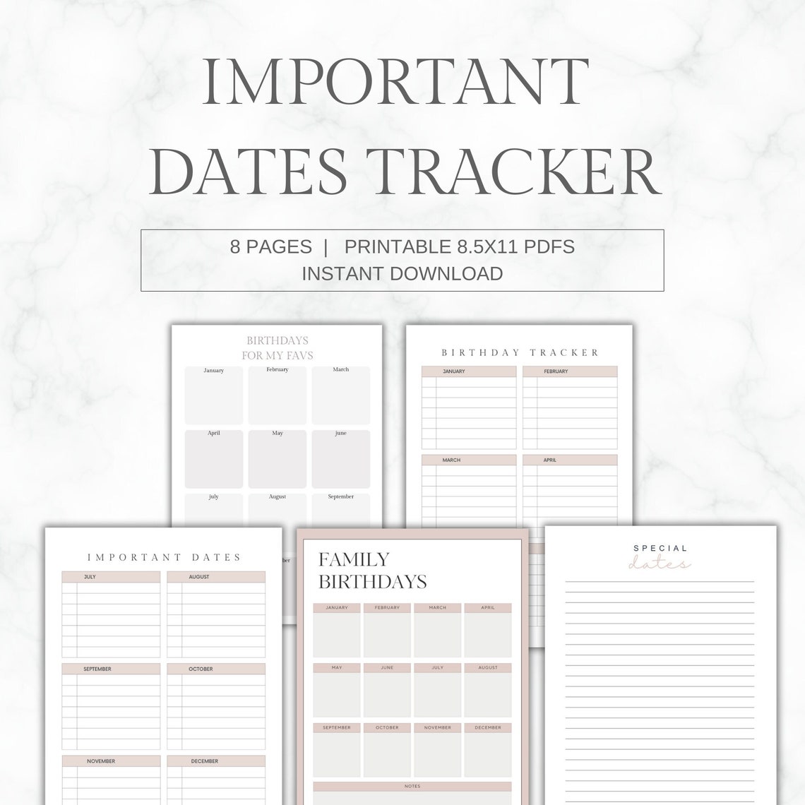 DIGITAL PRODUCT | Important Dates Printable | Birthday Tracker List ...
