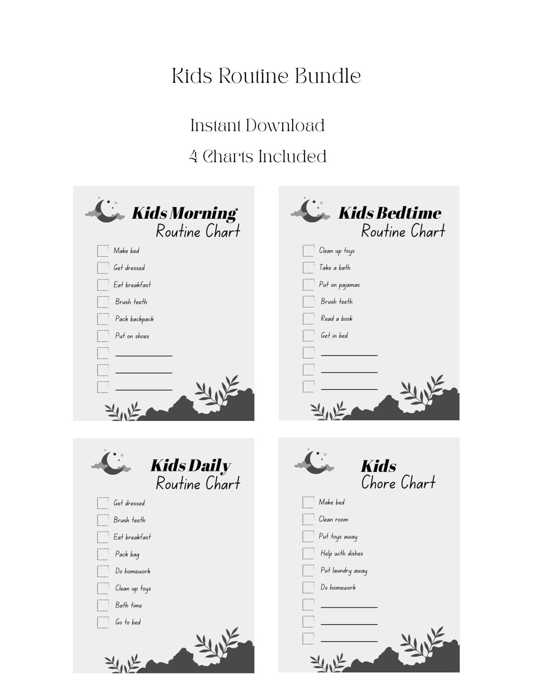 Kids Routine Bundle Printable | Morning Bedtime Chore Daily Charts ...