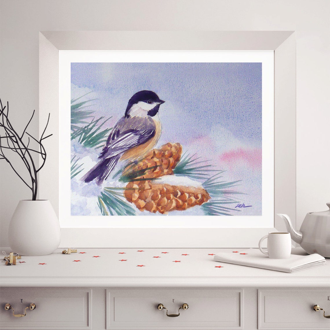 Chickadee Print From Watercolor Painting Bird in Snow Art Unframed ...