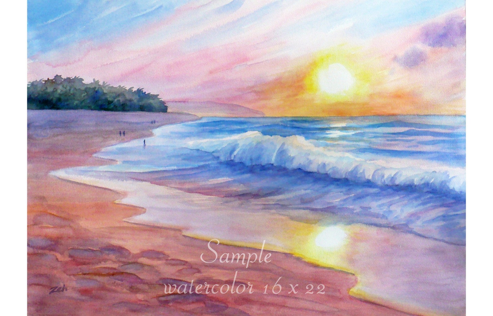 Custom Watercolor Sunset Landscape Beach or Seascape Painting From ...