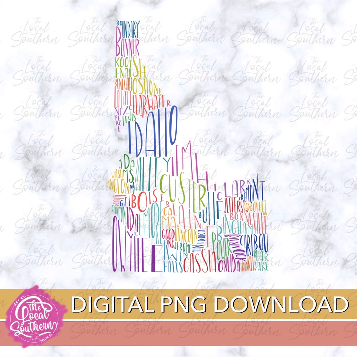 DIGITAL State of Idaho Colorful Counties Hand Lettering / Color and ...