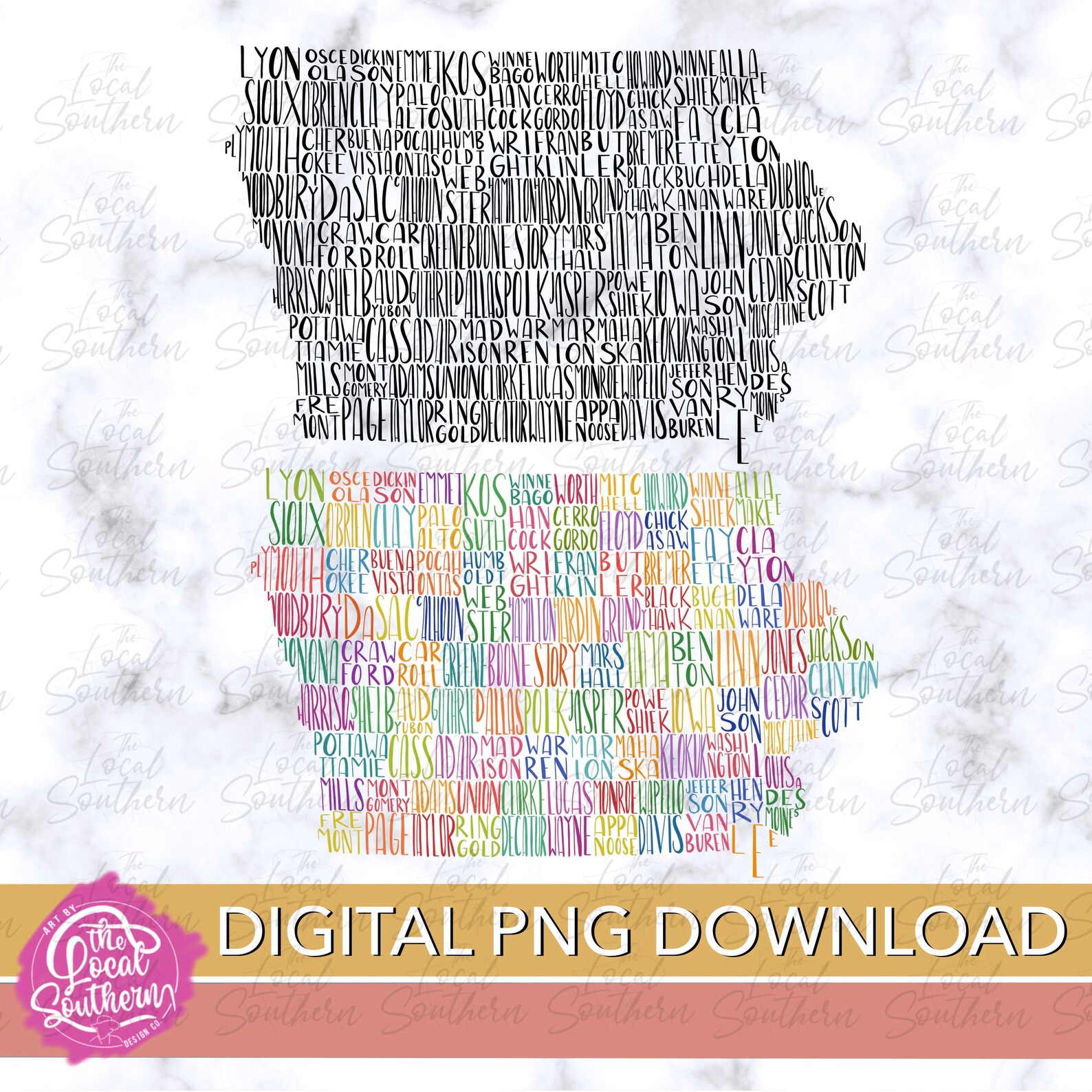 DIGITAL State of Iowa Colorful Counties Hand Lettering / Color and ...