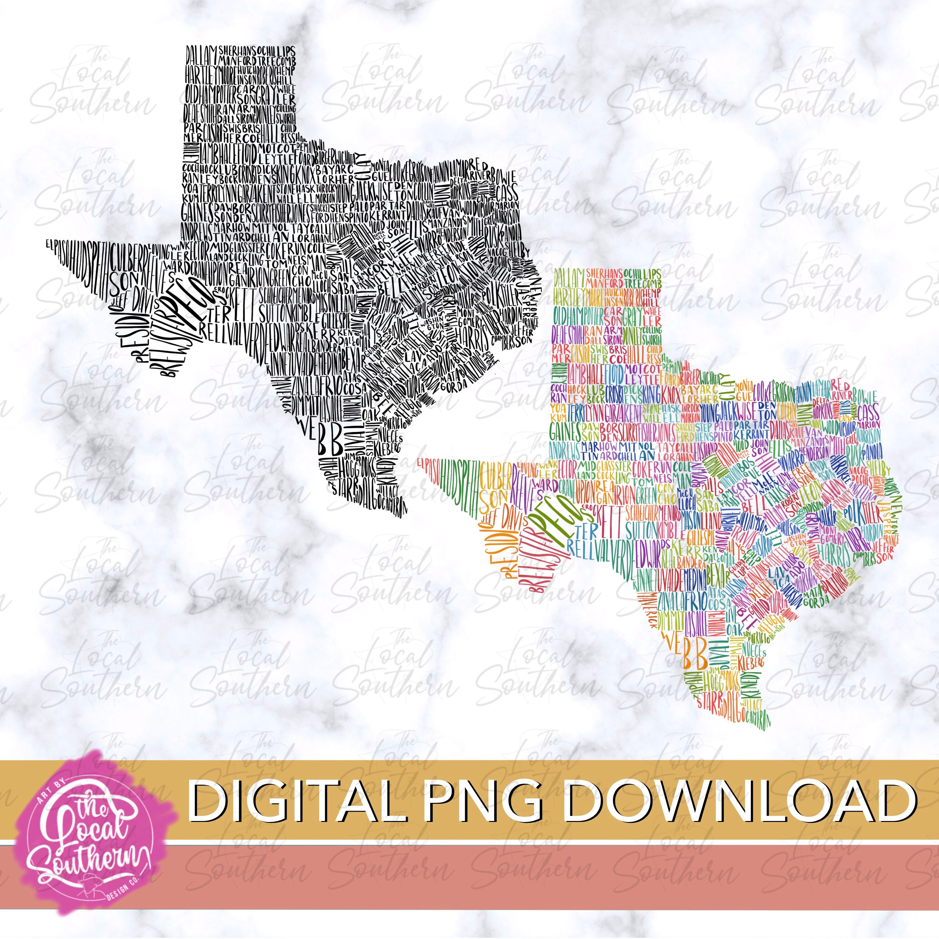 Texas Counties Map: Hand Lettering, Colorful PNG Files (digital ...