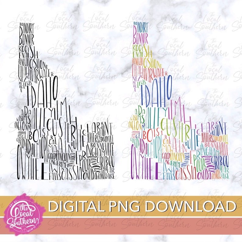 DIGITAL State of Idaho Colorful Counties Hand Lettering / Color and ...