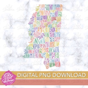 DIGITAL Colorful State of Mississippi Counties Hand Lettering Map ...