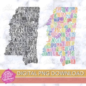 DIGITAL Colorful State of Mississippi Counties Hand Lettering Map ...