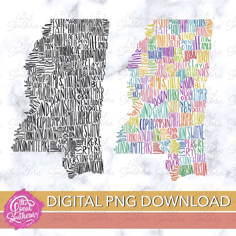 Mississippi Counties Map: Hand Lettering, Printable PNG (digital ...