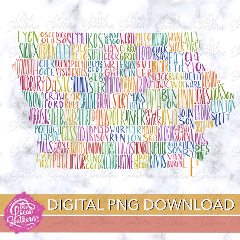 DIGITAL State of Iowa Colorful Counties Hand Lettering / Color and ...