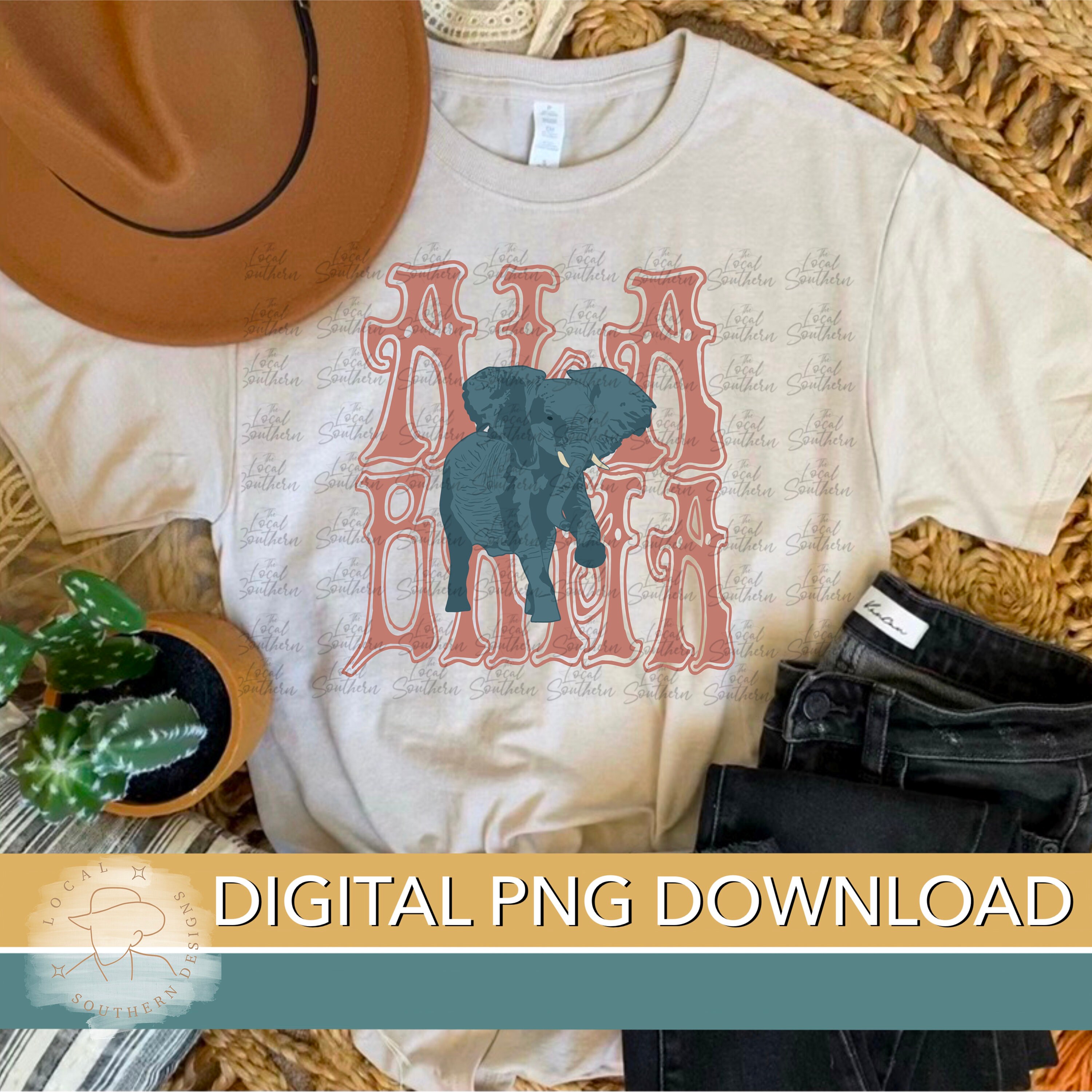 DIGITAL State of Alabama Retro Letters With Hand Drawn Elephant PNG ...
