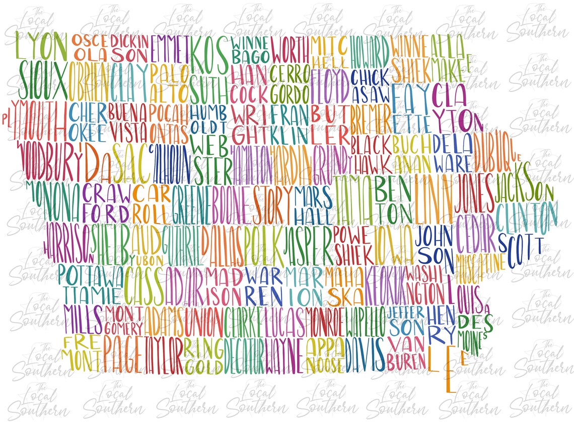 DIGITAL State of Iowa Colorful Counties Hand Lettering PNG - Etsy
