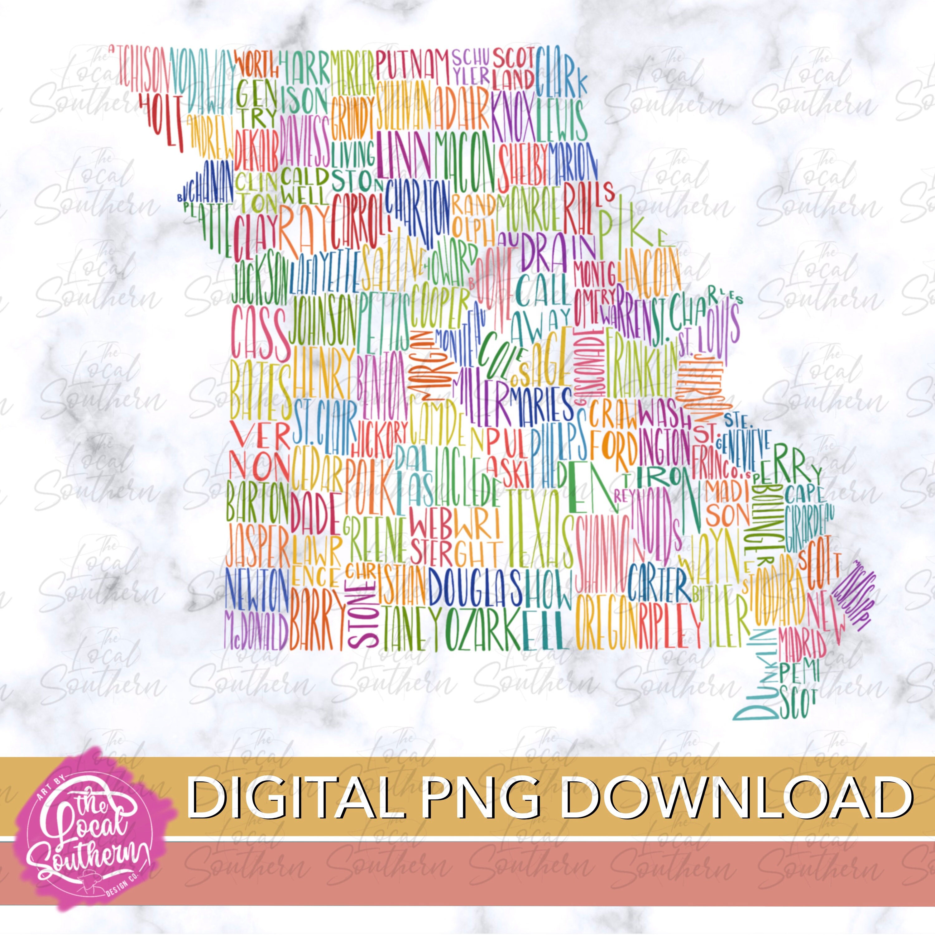 DIGITAL State of Missouri Colorful Counties Hand Lettering / Color and ...