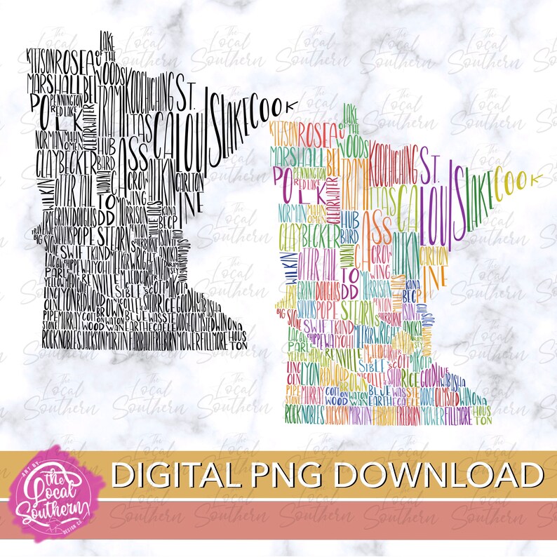 DIGITAL State of Minnesota Colorful Counties Hand Lettering / Color and ...