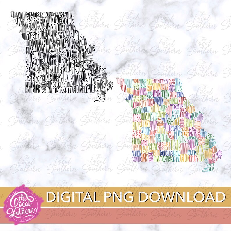DIGITAL State of Missouri Colorful Counties Hand Lettering / Color and ...