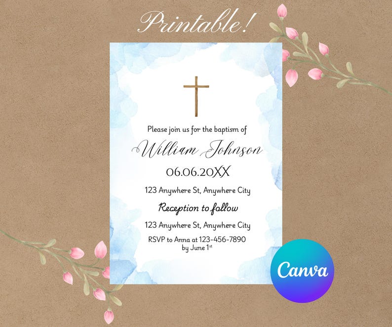 Editable Baptism Invitation, Blue Watercolor Cross, Boy Christening ...