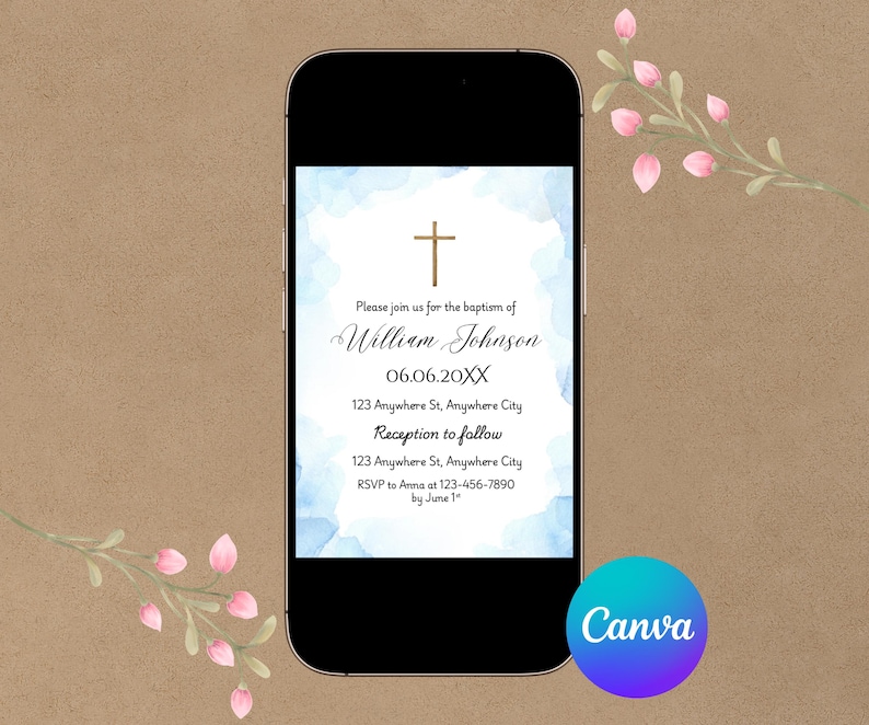 Editable Baptism Invitation, Blue Watercolor Cross, Boy Christening ...