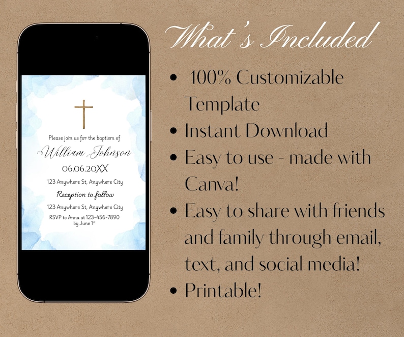 Editable Baptism Invitation, Blue Watercolor Cross, Boy Christening ...