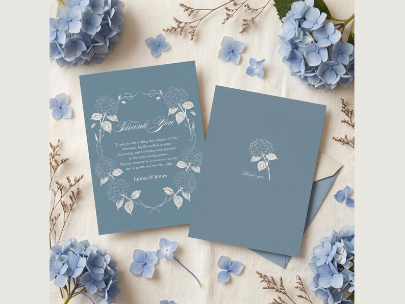 Blue Hydrangea Thank You Card Template | Elegant Floral Wedding ...