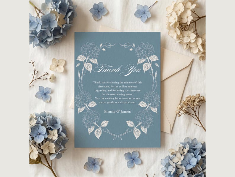 Blue Hydrangea Thank You Card Template | Elegant Floral Wedding ...