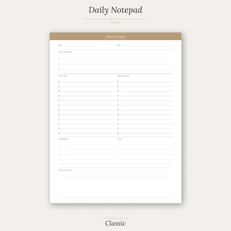 Daily Notepad Printable — Classic | Letter + A5 | Instant Download ...