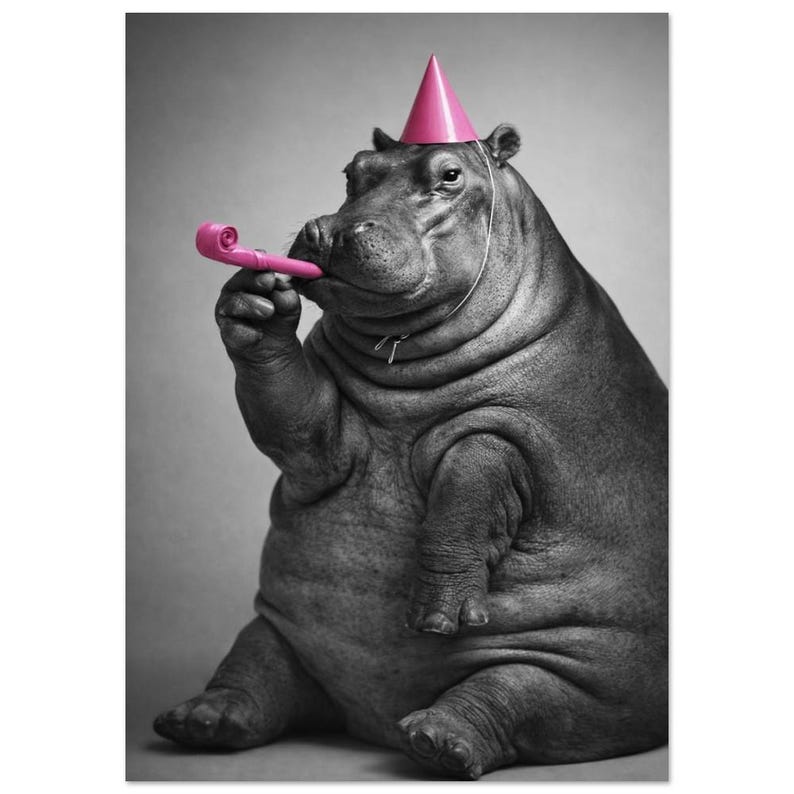 Funny Hippo Print | Hippo at a Birthday Party | Funny Animal Print ...