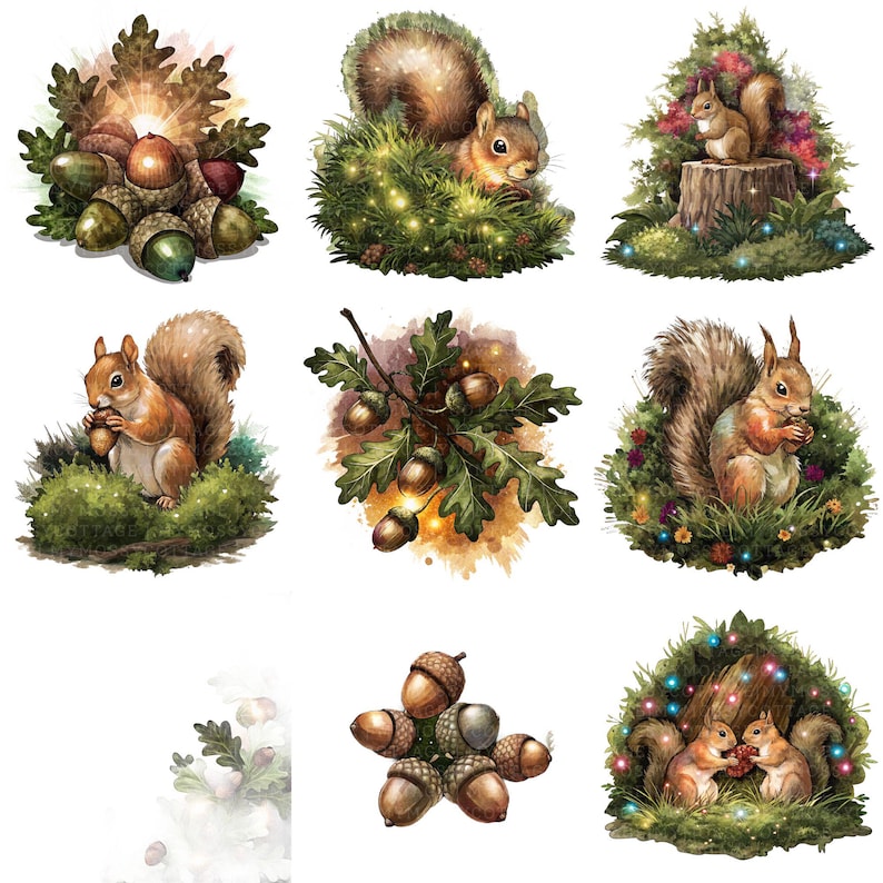 Autumn Squirrel Clipart Bundle: Acorn, Oak Leaves, Woodland Animals ...