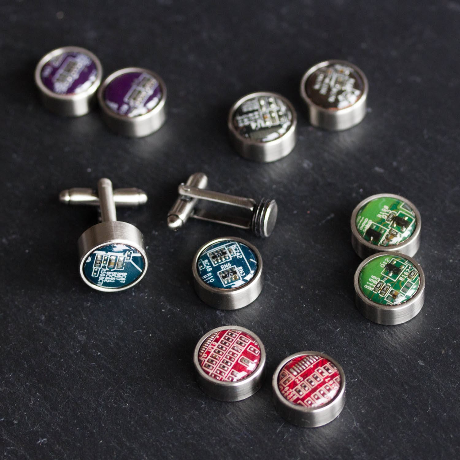 Cufflinks with interchangeable buttons recycled circuit board | Etsy