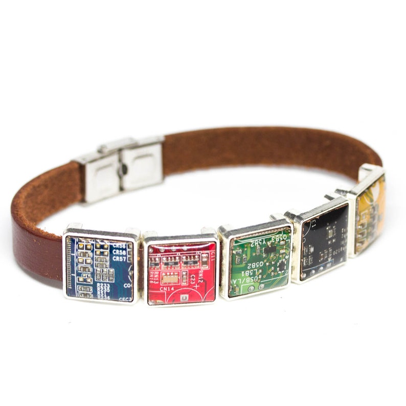 Black Leather Bracelet, 3 or 5 Circuit Board Beads, Unisex Bracelet ...