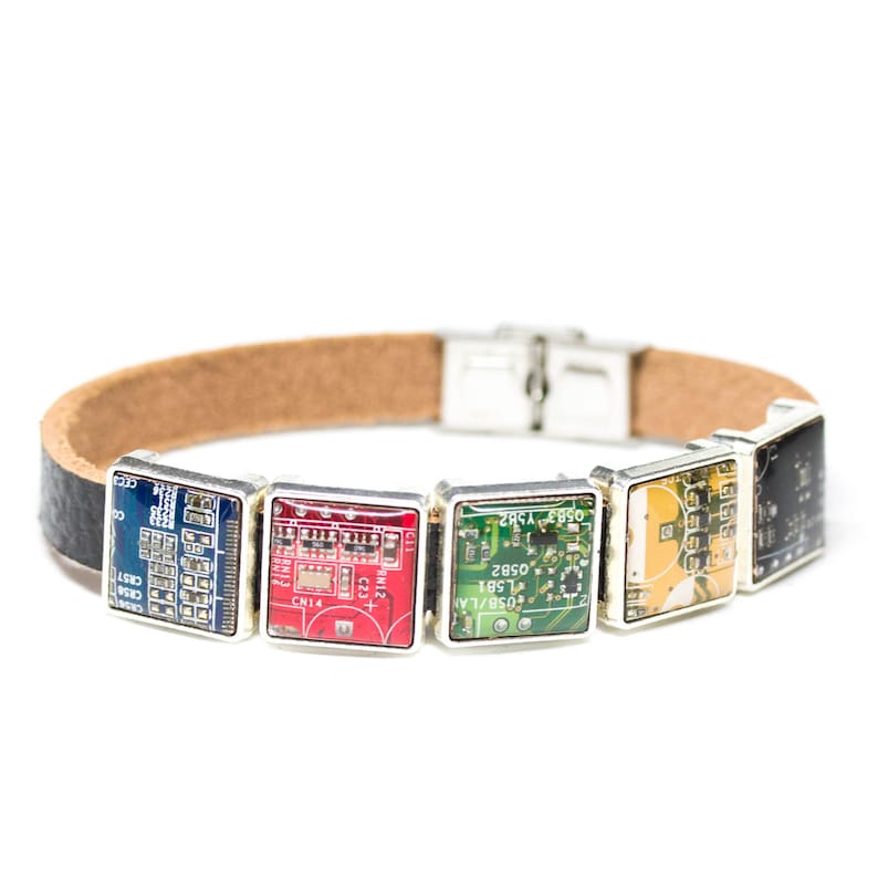 Black Leather Bracelet, 3 or 5 Circuit Board Beads, Unisex Bracelet ...
